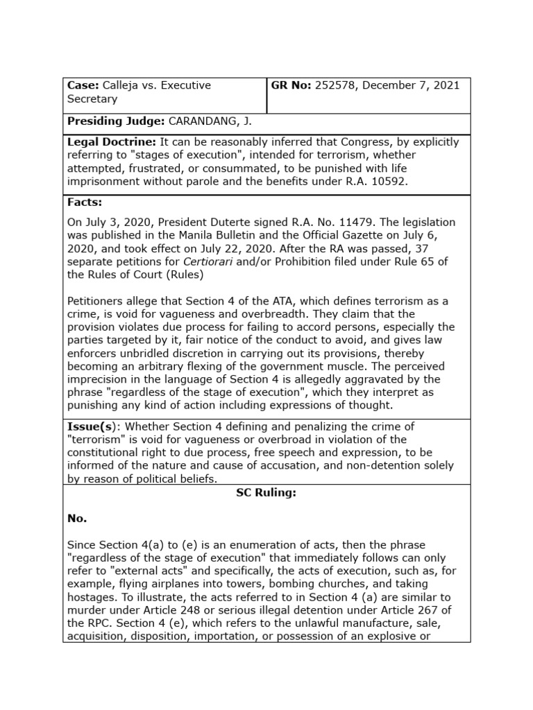 Digest Calleja vs. Executive Secretary | PDF | Overbreadth Doctrine ...