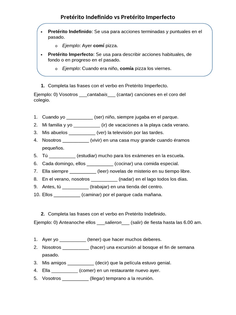 01 Pretério Indefinido Vs Pretérito Imperfecto - Alumnos | PDF