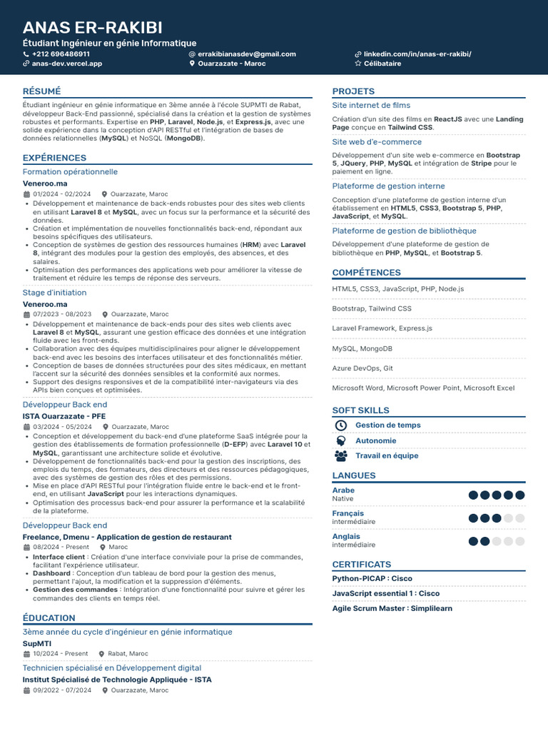 CV Développeur Back-End Anas Er-Rakibi | PDF | MySQL | Internet