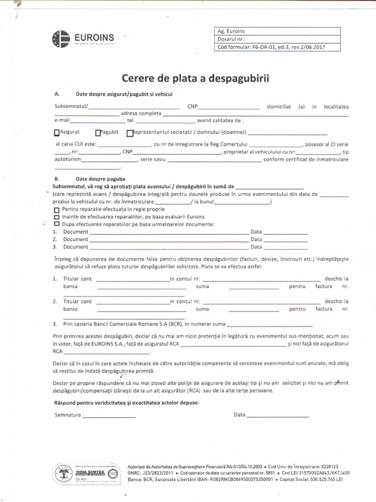 Cerere Despagubire Euroins | PDF