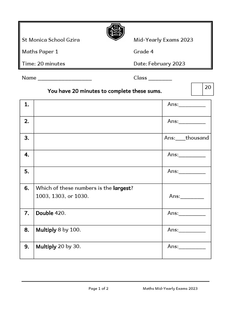 2023 - Half-Yearly - Maths Paper 1 Student | PDF | Mathematics