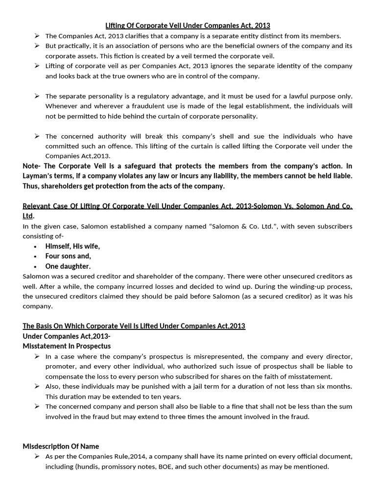Lifting of Corporate Veil Under Companies Act | PDF | Piercing The ...