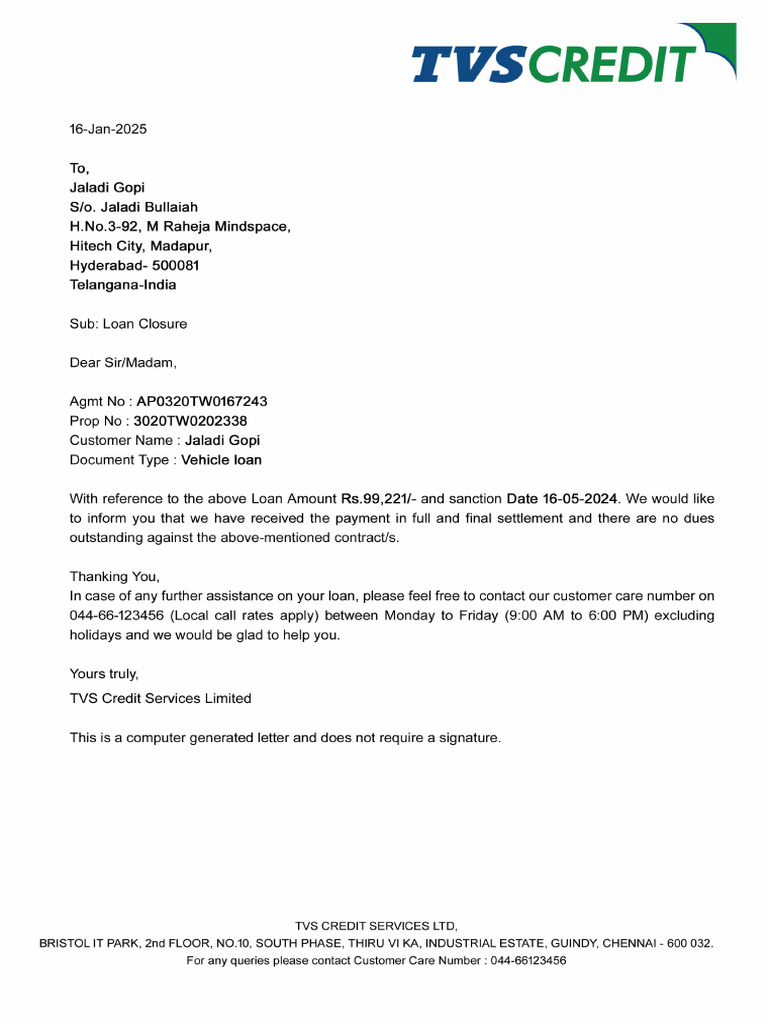 TVS Credit NOC-Jaladi Gopi | PDF