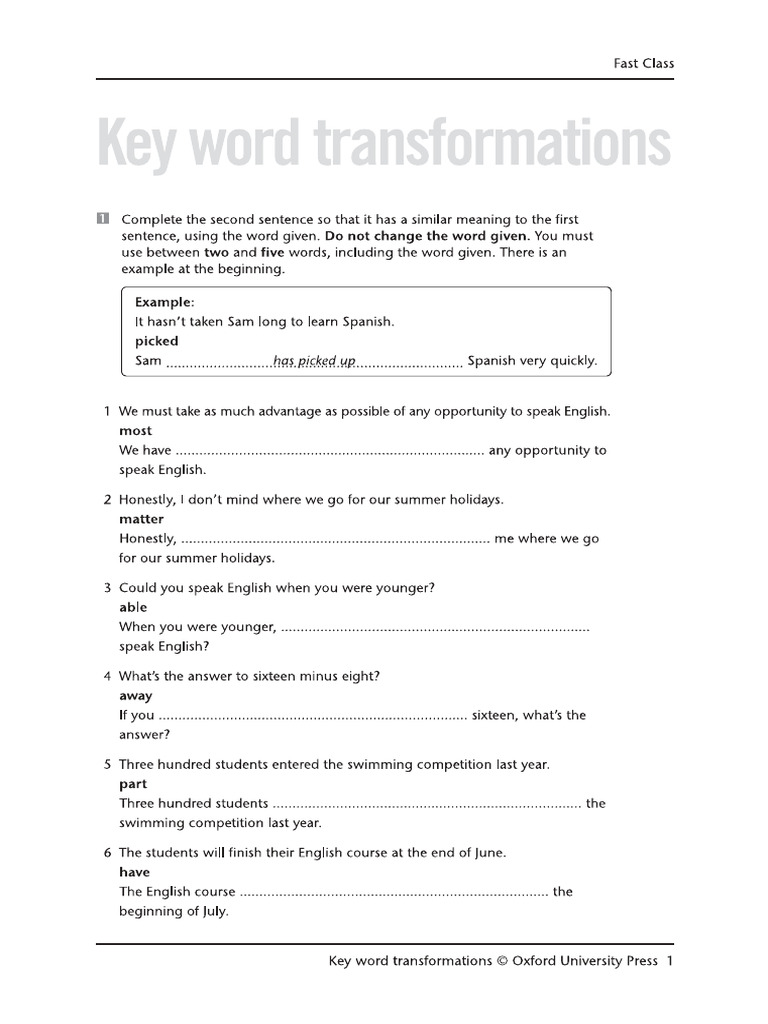 FCE Sentence Transformations With Key | PDF