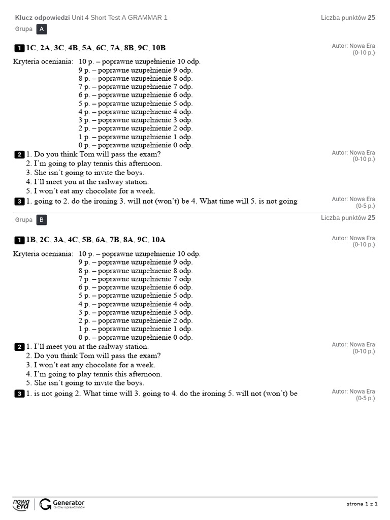 Unit 4 Short Test A GRAMMAR 1 Klucz Odpowiedzi | PDF