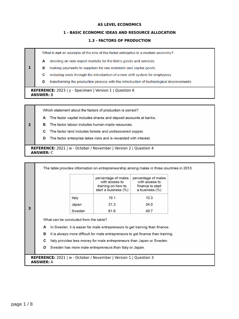 AS Level Economics - 1.3 - Factors of Production | PDF | Economies ...