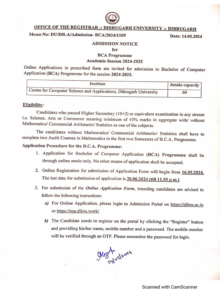 Admission Notice For BCA Programme For The Academic Session 2024 2025 | PDF