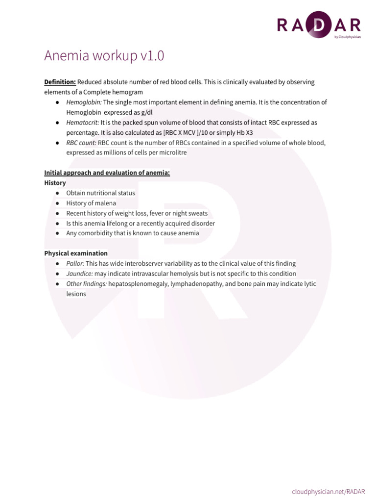 Anemia workup | PDF | Anemia | Medical Specialties