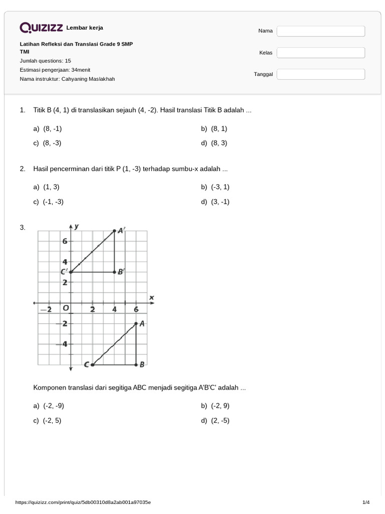 Latihan Refleksi dan Translasi Grade 9 SMP TMI _ Quizizz | PDF