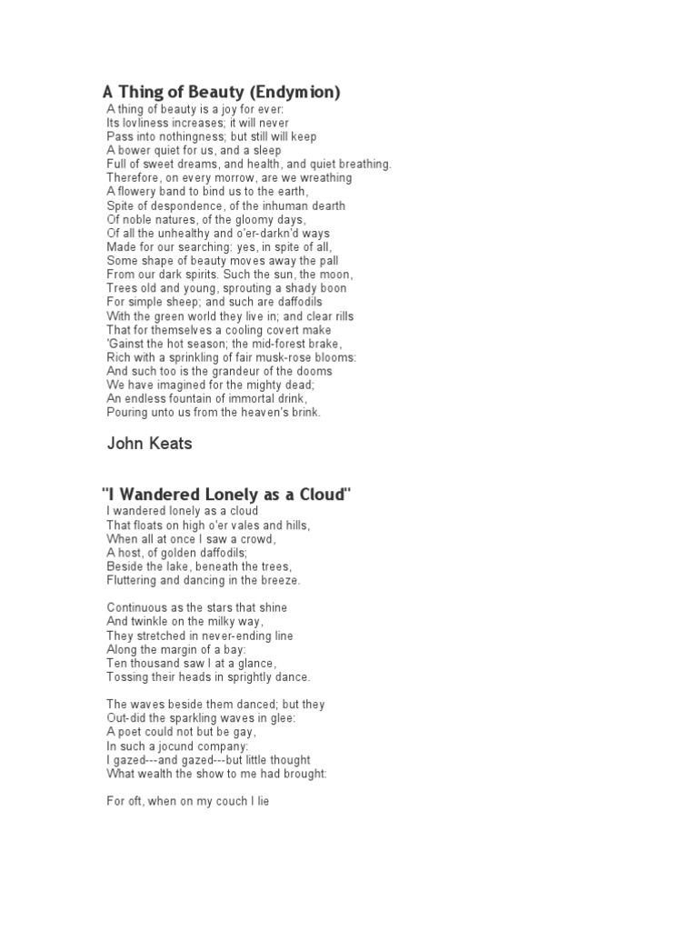 A Thing of Beauty (Endymion) : John Keats | PDF | Poetry
