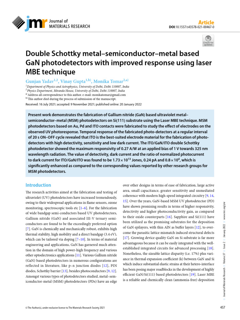 Double Schottky Metal-Semiconductor-Metal Based Gan Photodetectors With Improved Response Using ...