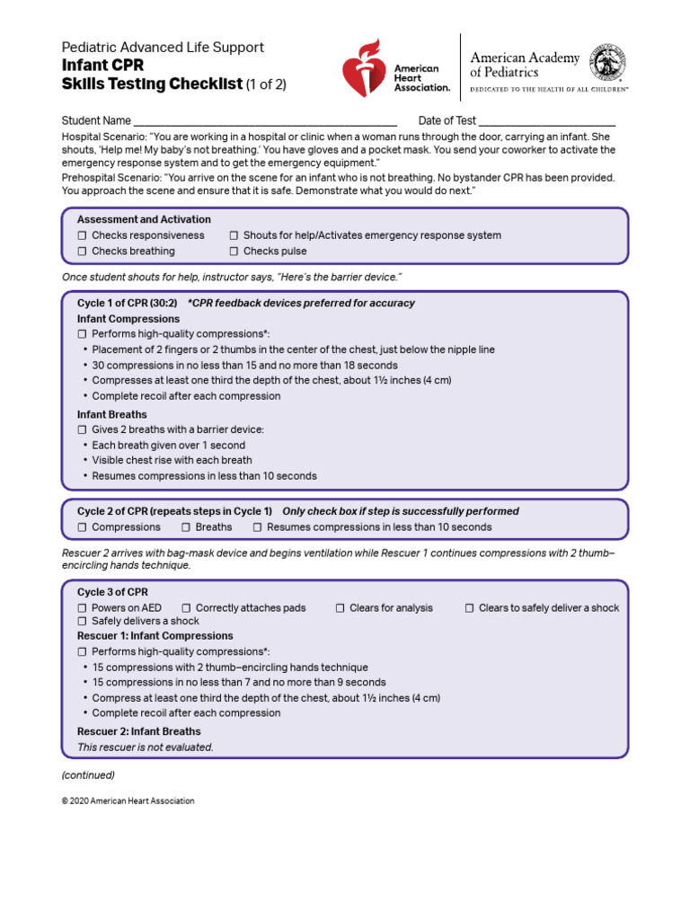 2020 PALS Infant CPR Testing Checklist | PDF | Cardiopulmonary ...