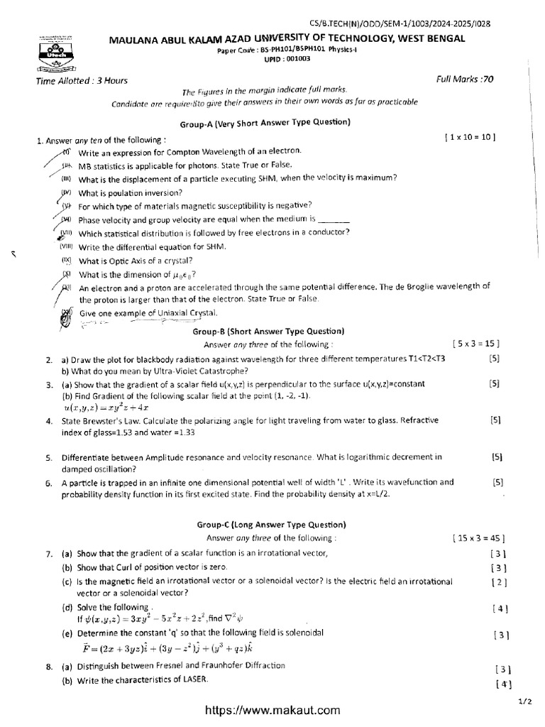 Btech 1 Sem Physics 1 Bs ph101 2025 | PDF