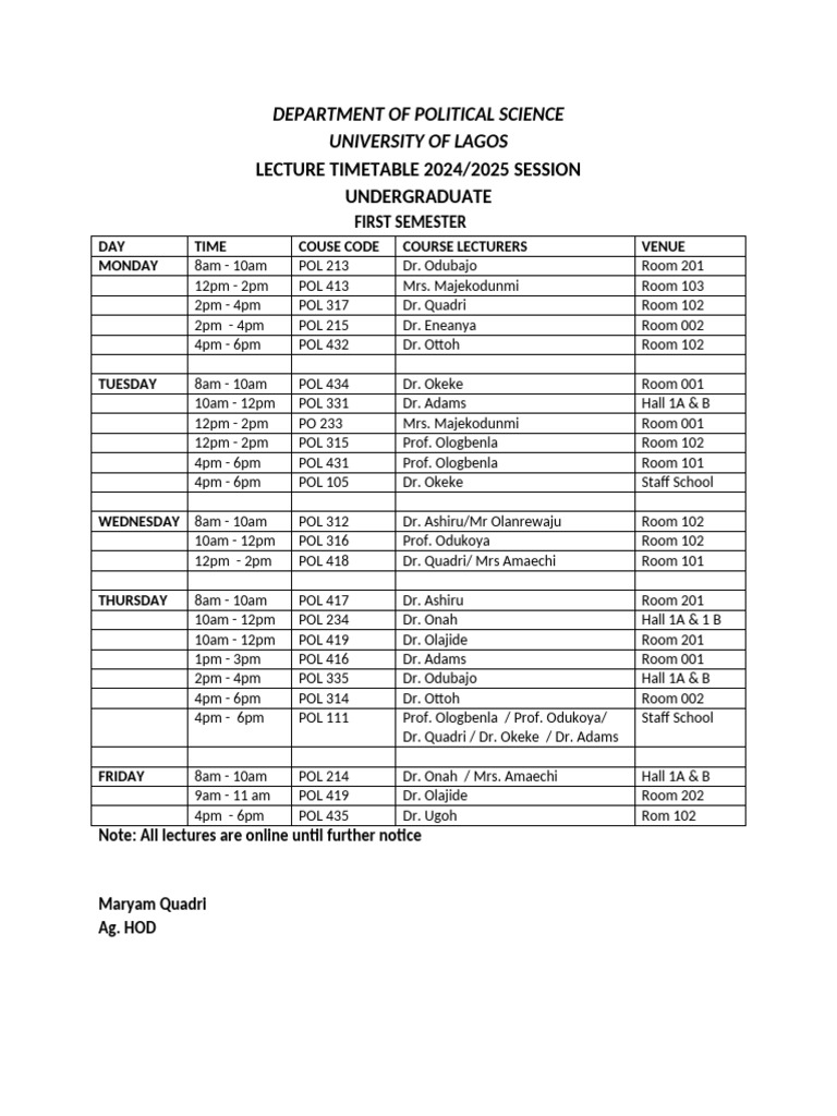 Lecture Timetable - Department of Political Science | PDF