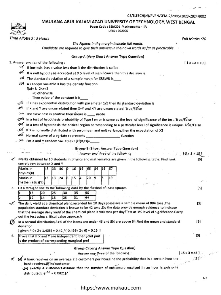 Btech 2 Sem Mathematics 2a bsm201 2024 | PDF
