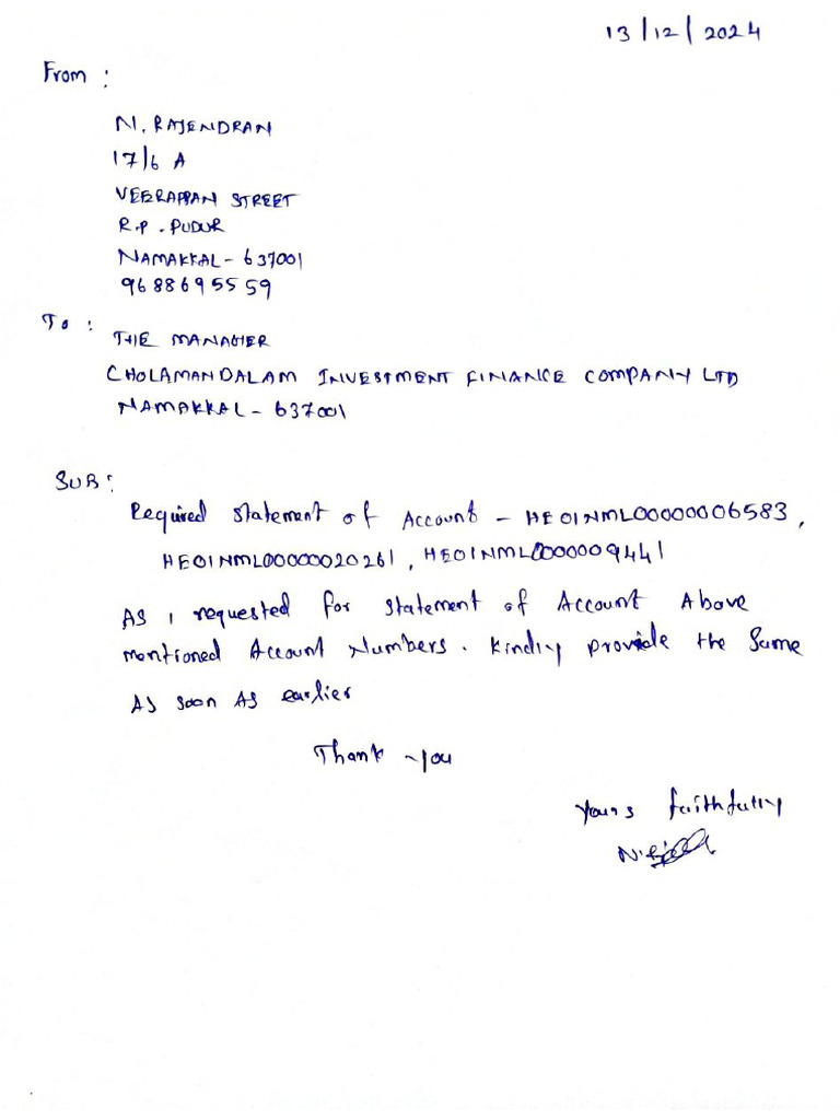 Chola Statement Required Letter | PDF