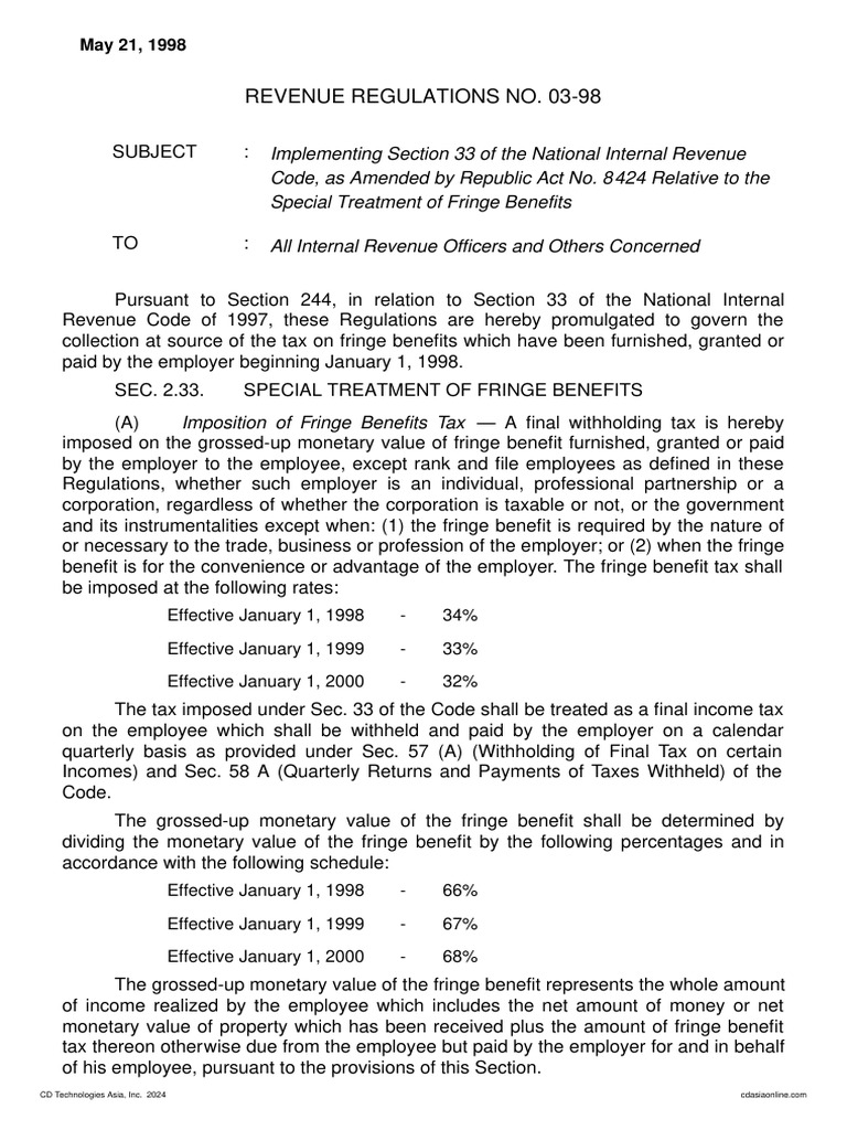 Fringe Benefits Tax Regulations 1998 | PDF | Employee Benefits | Expense