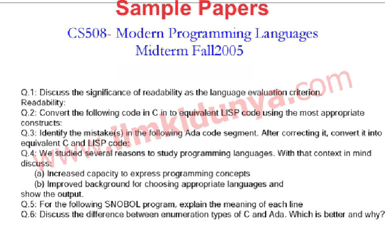 CS508 Modern Programming Languages BS Software Engineering VU University Past Papers 2005 Mid ...