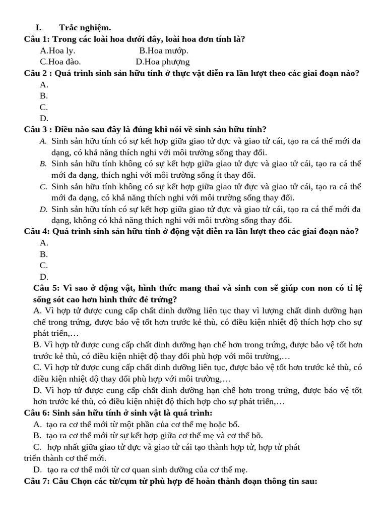 Đề cương ôn tập cuối HKII - Môn sinh7 | PDF