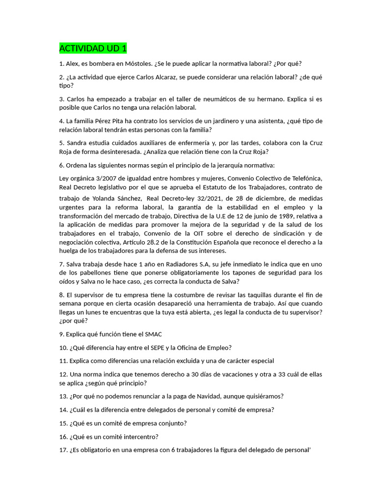 Actividad Repaso Ud 1 | PDF | Derecho laboral | Acuerdo colectivo