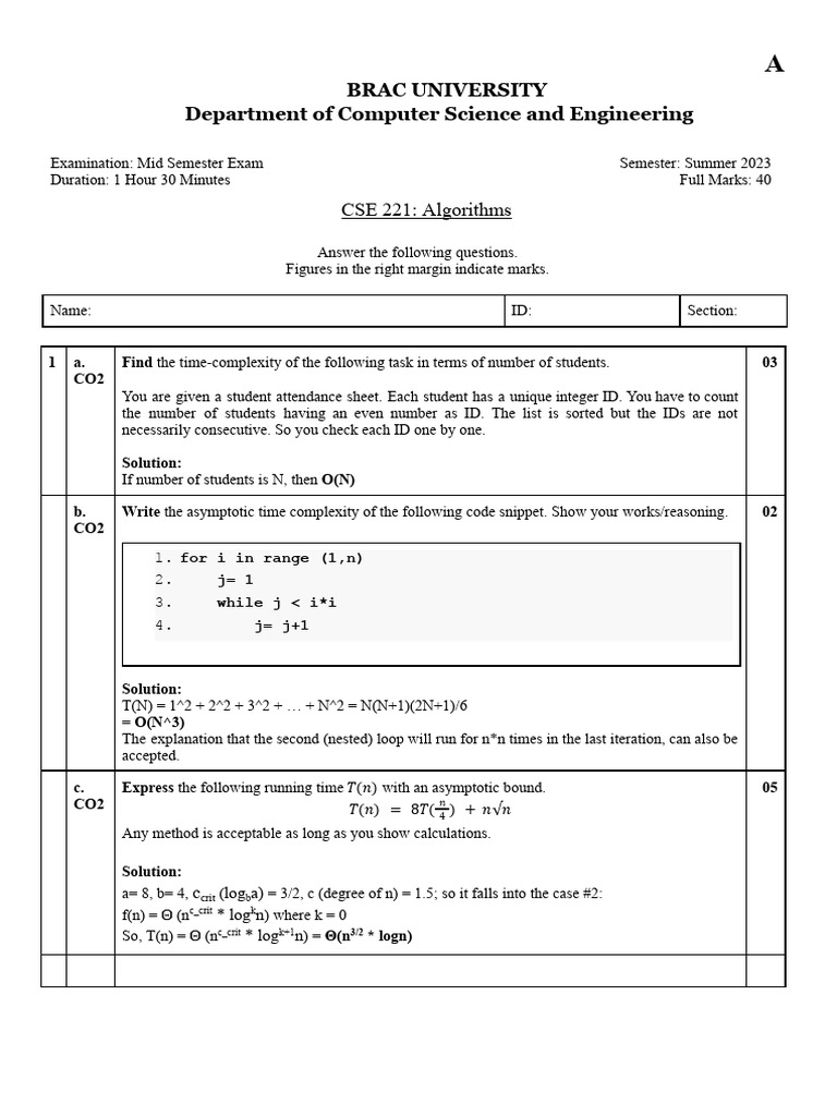 (Solution) CSE221 Mid Summer23 | PDF | Time Complexity | Algorithms