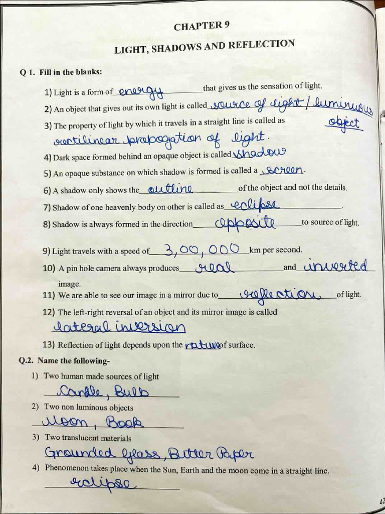 Light Shadow and Reflection+Extension Class 6 | PDF