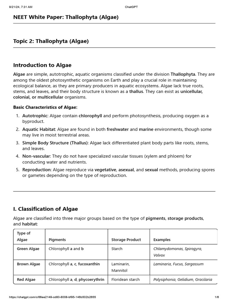 NEET White Paper Thallophyta (Algae) | PDF | Algae | Organisms