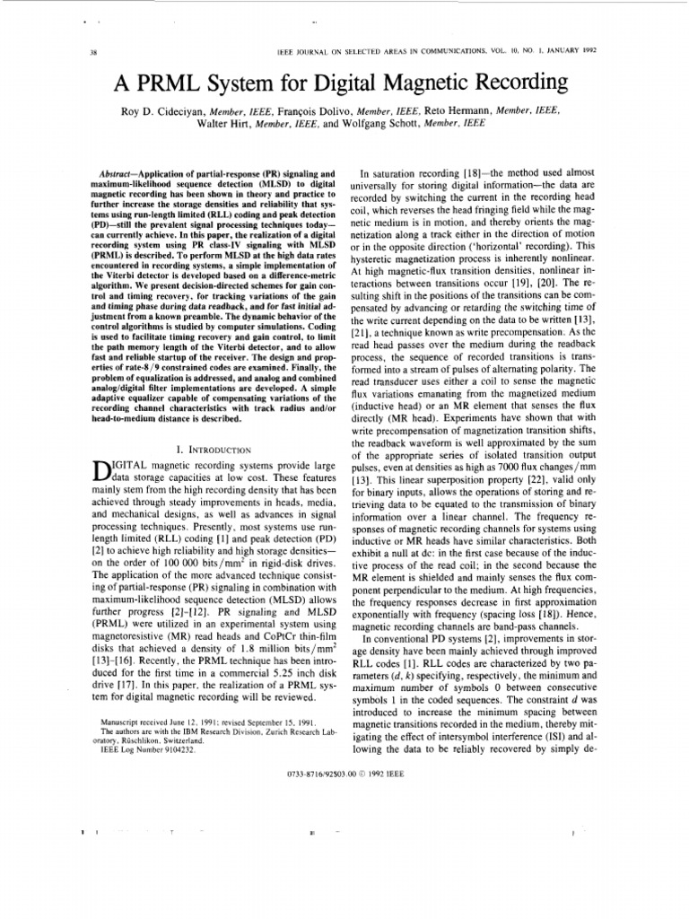 Cideciyan 1992 - A PRML System For Digital Magnetic Recording | PDF | Sampling (Signal ...
