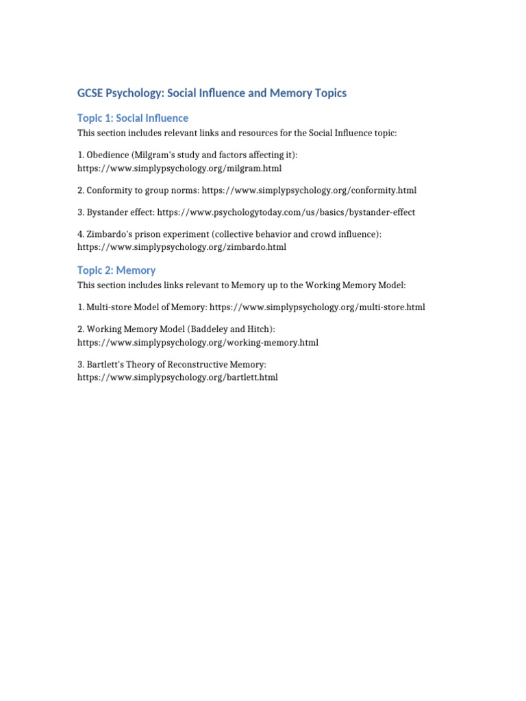 GCSE Psychology Topics Social Memory | PDF