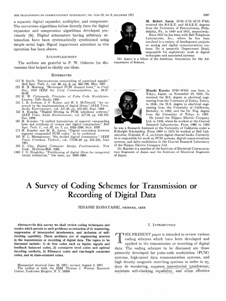 Kobayashi 1971 - A Survey of Coding Schemes For Transmission or Recording of Digital Data | PDF ...