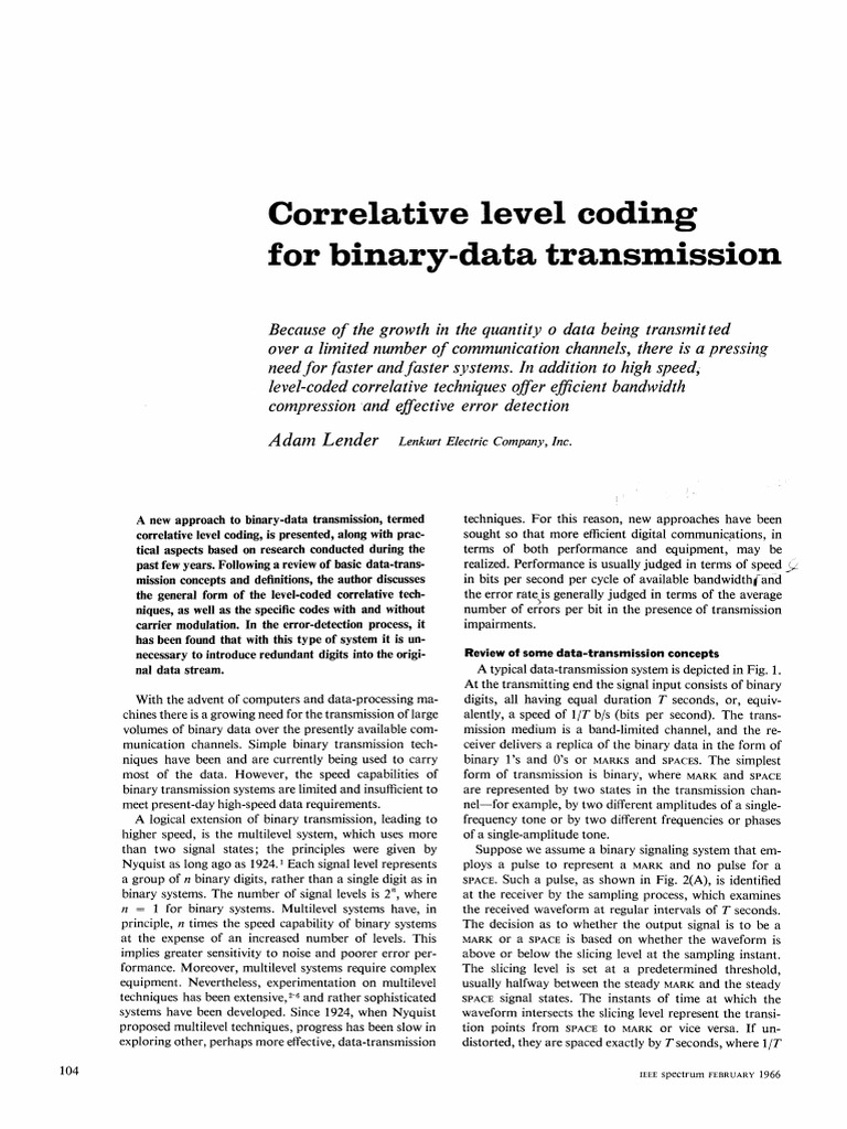 Lender 1966 - Correlative - Level - Coding - For - Binary-Data - Transmission | PDF | Sampling ...