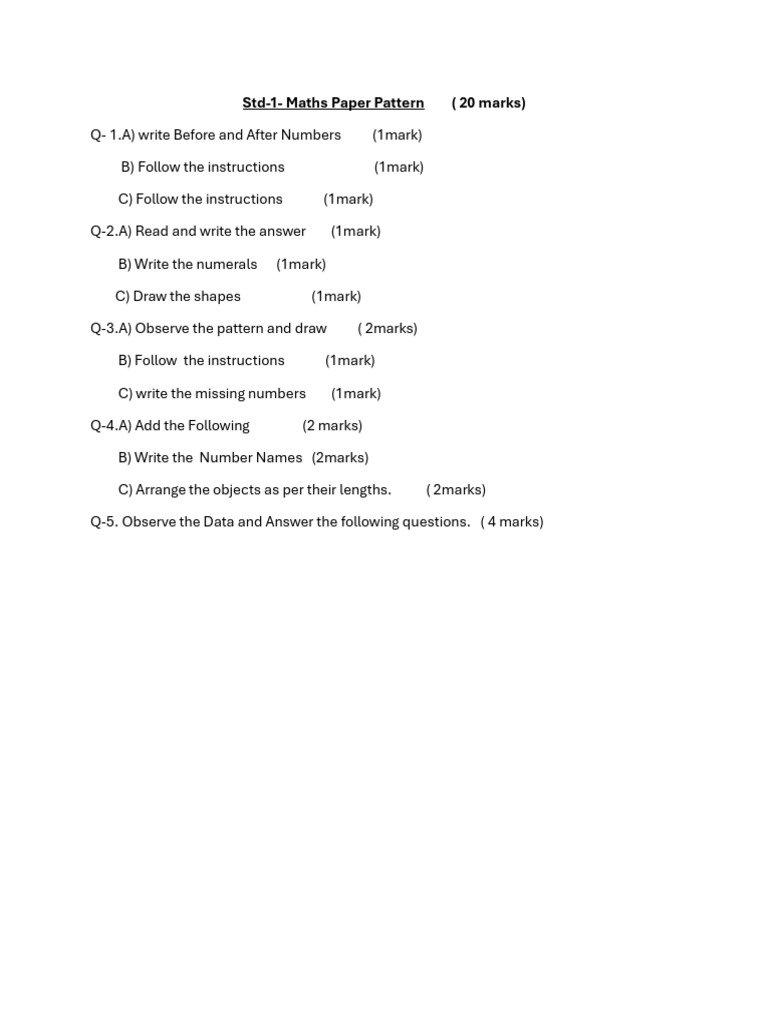 Std-1 Maths Paper Pattern Overview | PDF