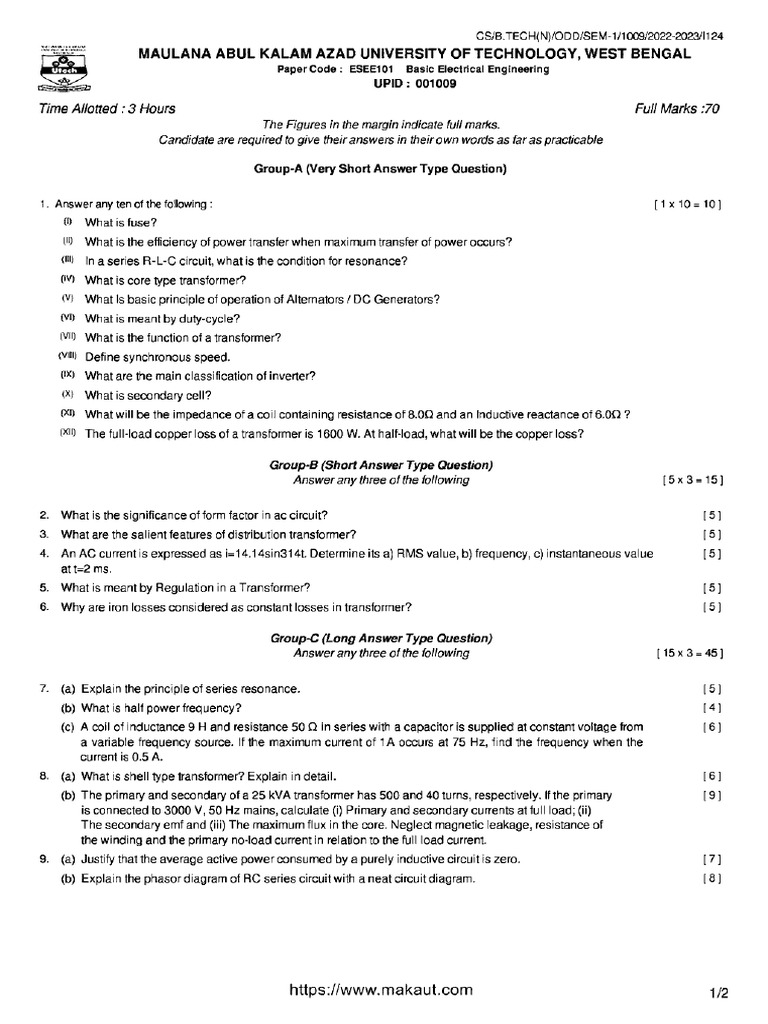 Btech 1 Sem Basic Electrical Engineering Esee101 2023 | PDF