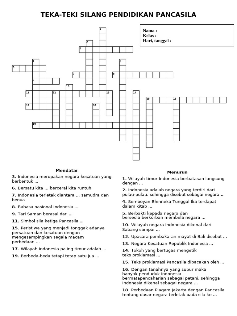 Teka-Teki Silang Pancasila Kelas 5-6 | PDF