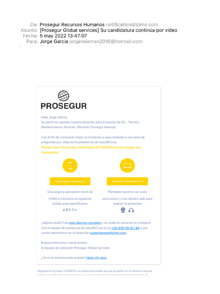 (Prosegur Global Services) Su Candidatura Continúa Por Vídeo | PDF