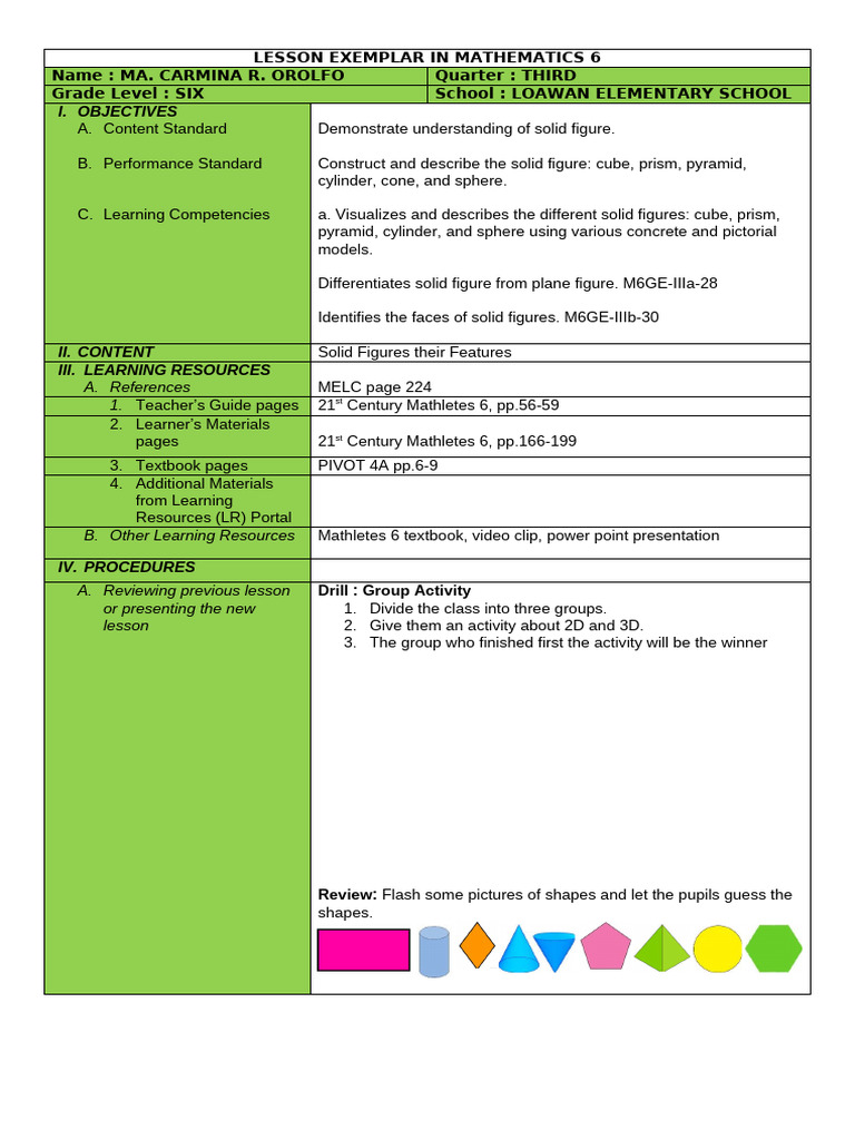Lesson Exemplar in Mathematics Vi | PDF | Shape | Rectangle