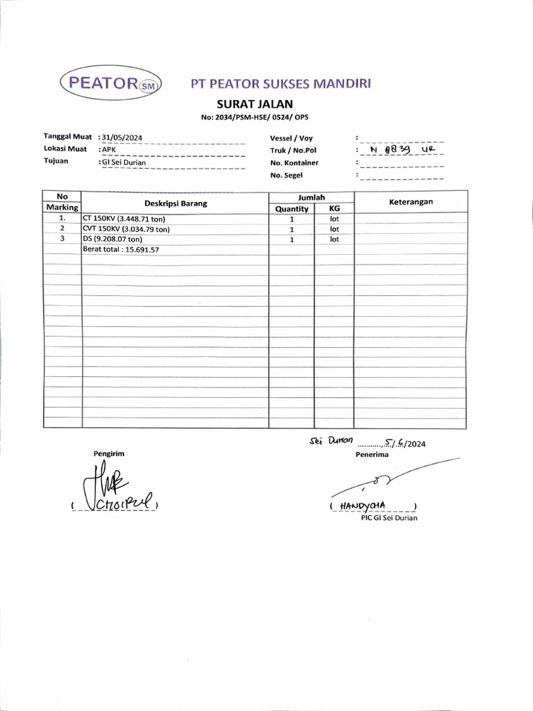 Surat Jalan & Packing List Steel Structure CT, CVT Dan DS | PDF