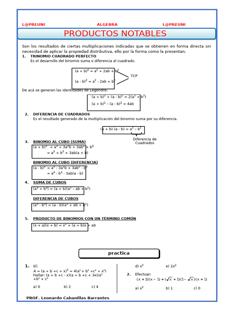 Producto Notables | PDF | Álgebra | Matemática Elemental