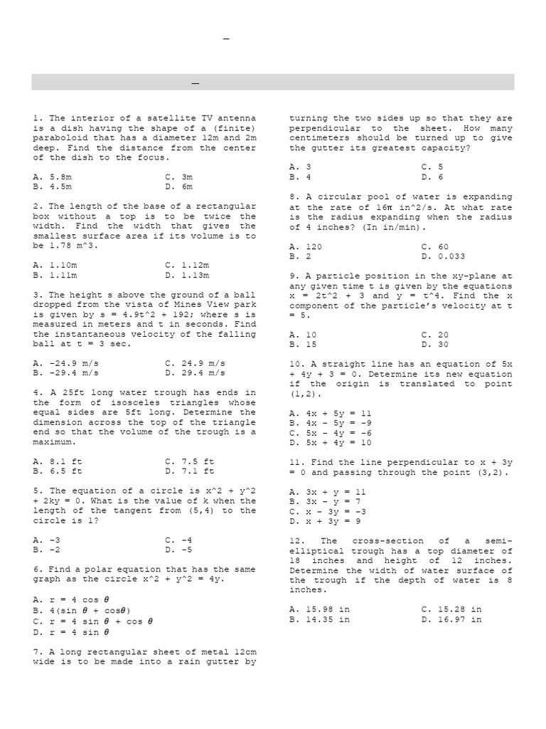 CECC481 PROBLEM SET 3 (Analytic Geometry and Diff. Calculus) | PDF | Tangent | Geometry