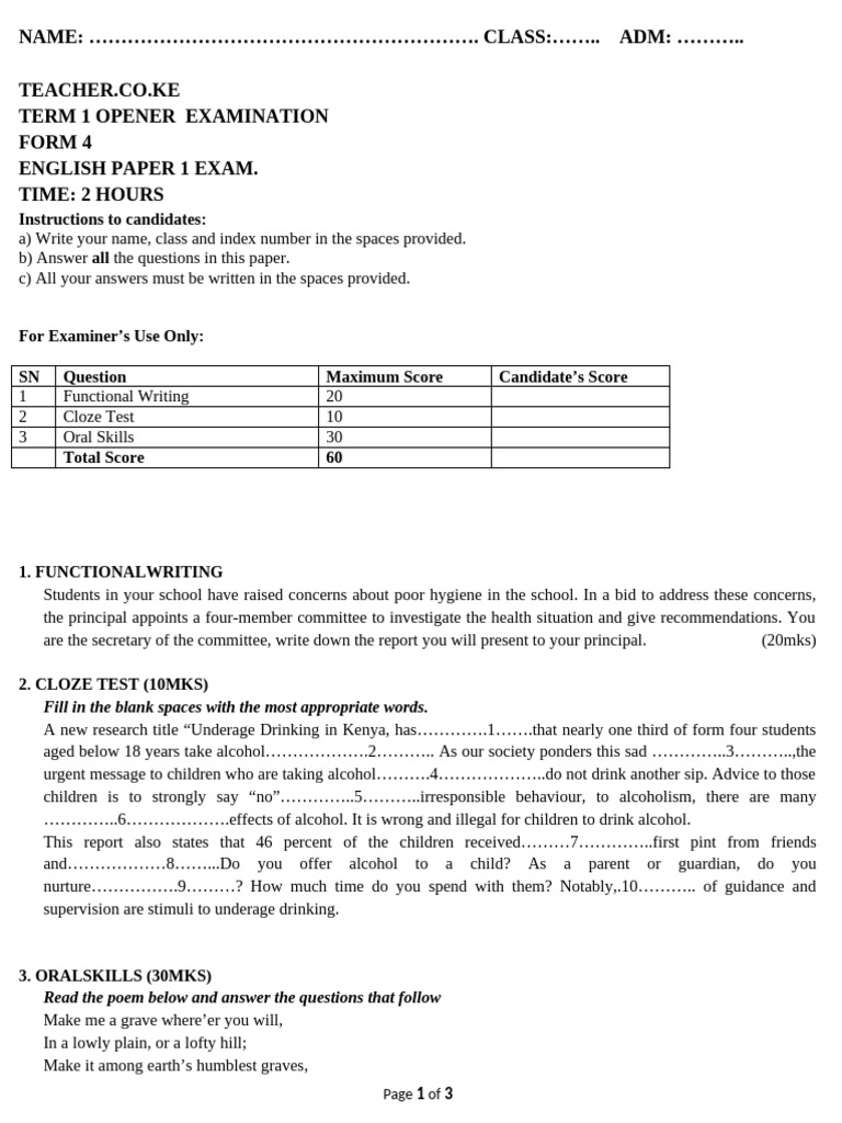 English Pp1 Form 4 Term 1 Opener 2022 QN | PDF