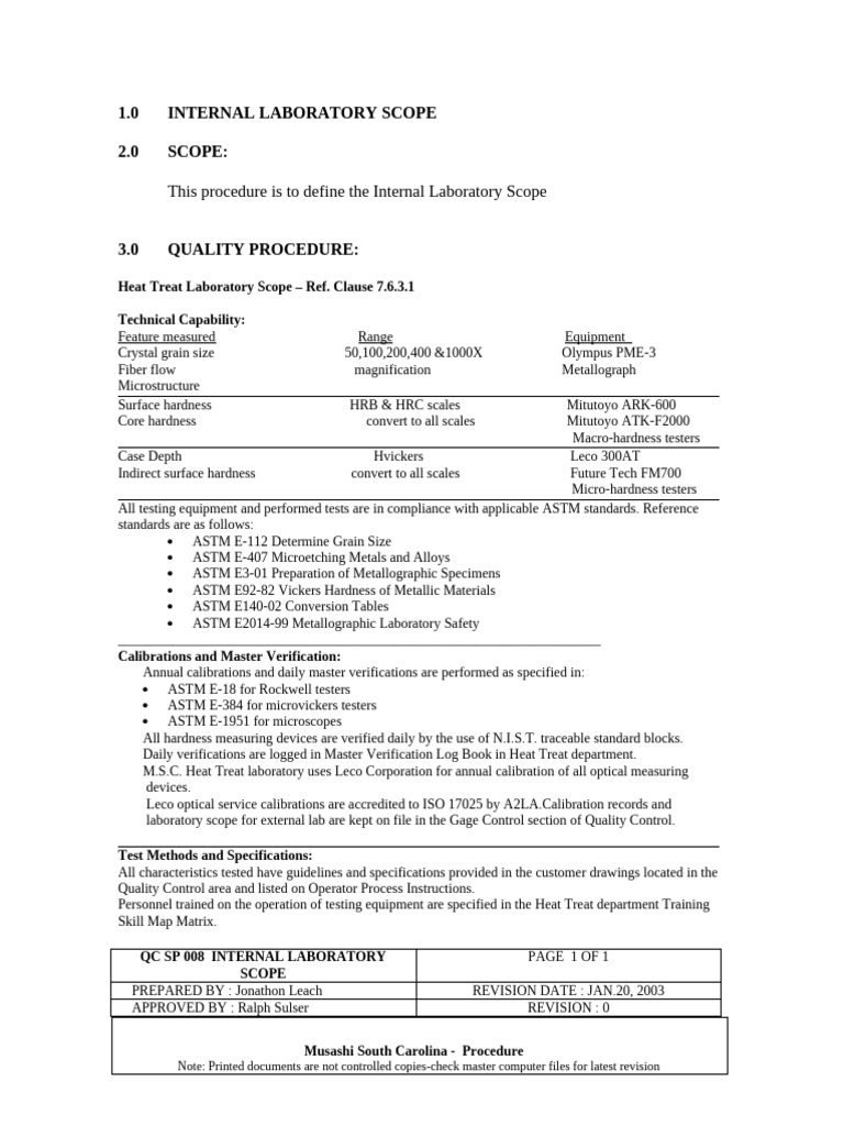 Internal Laboratory Scope | PDF | Heat Treating | Calibration