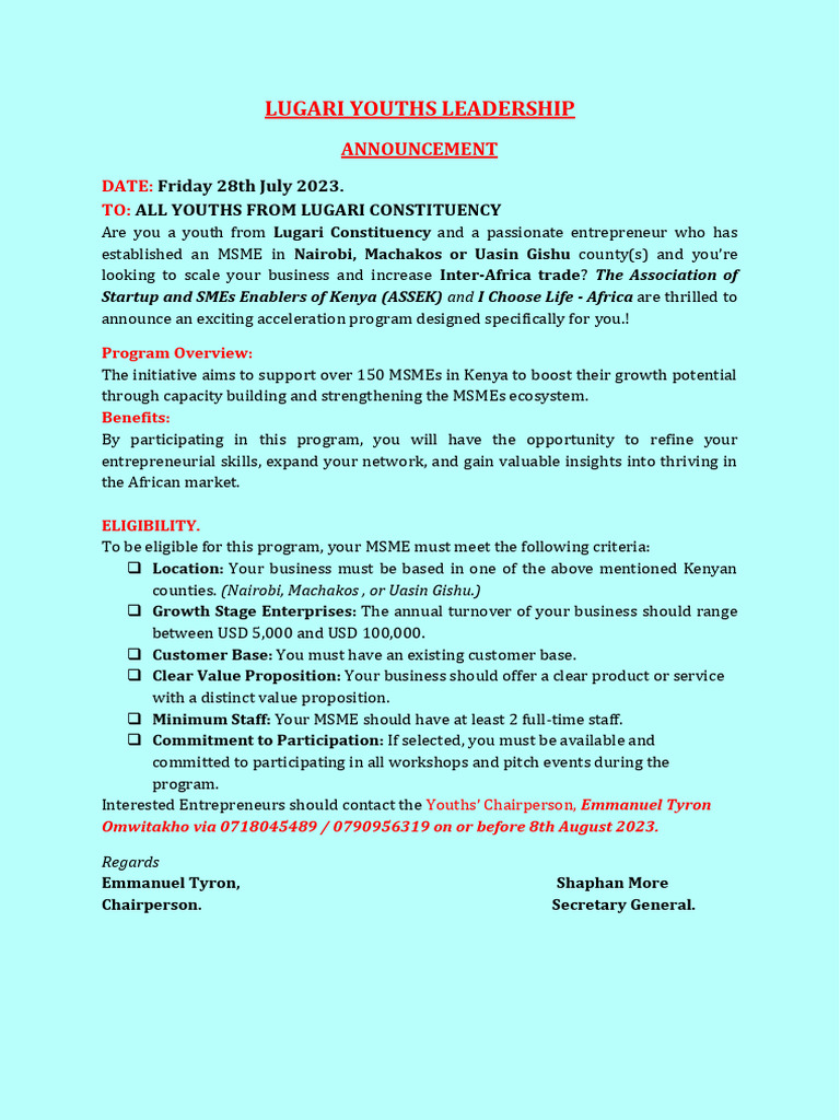 Lugari Youths MSME Acceleration Program | PDF