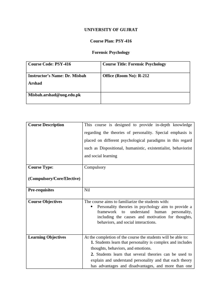 Forensic Psychology Course Plan PSY-416 | PDF | Crimes | Crime & Violence