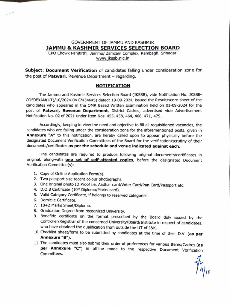 Document Verification Notification Patwari 02 of 2021 11102024 | PDF