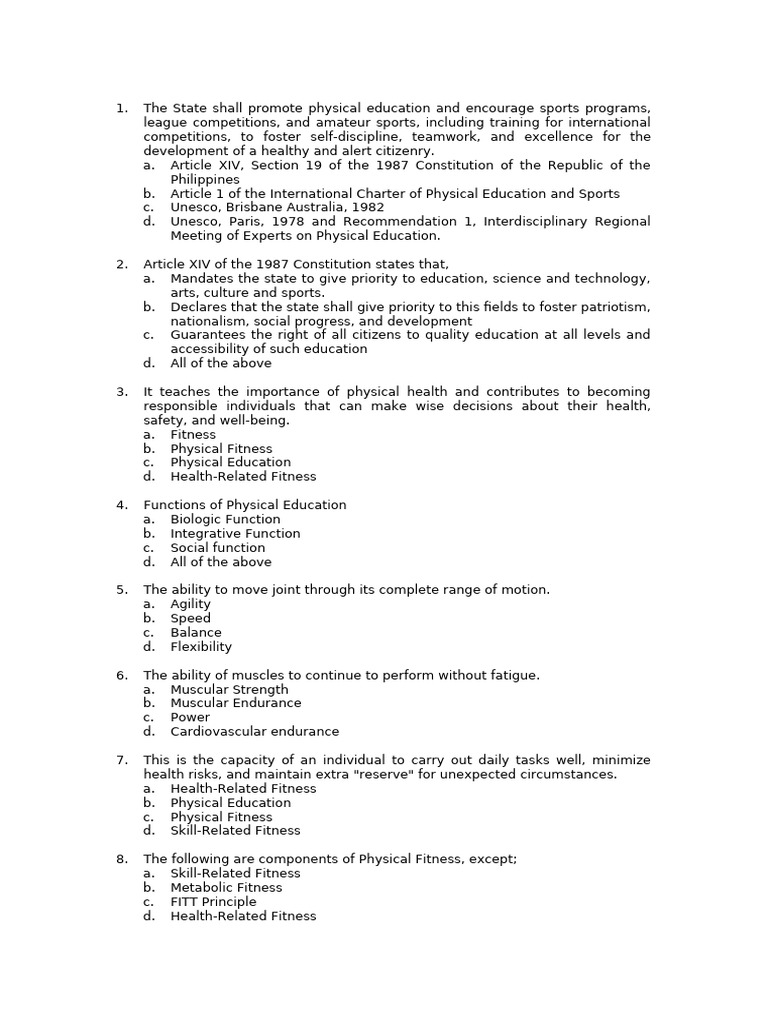 Examples of Questions For Pathfit 1 | PDF | Physical Fitness | Physical ...