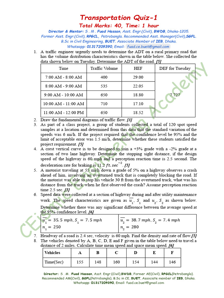 Transportation Quiz-1 | PDF | Mechanical Engineering | Land Transport