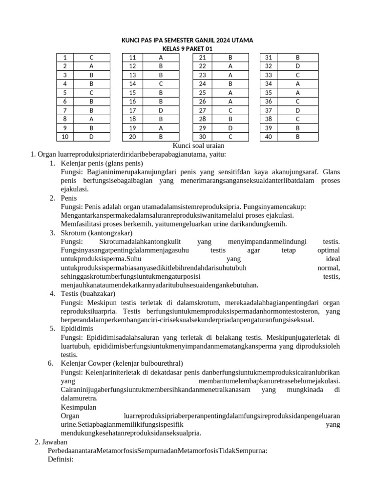 10. KUNCI JAWABAN PAS MAPEL IPA KELAS 9 PAKET 01 TAPEL 2024-2025 | PDF