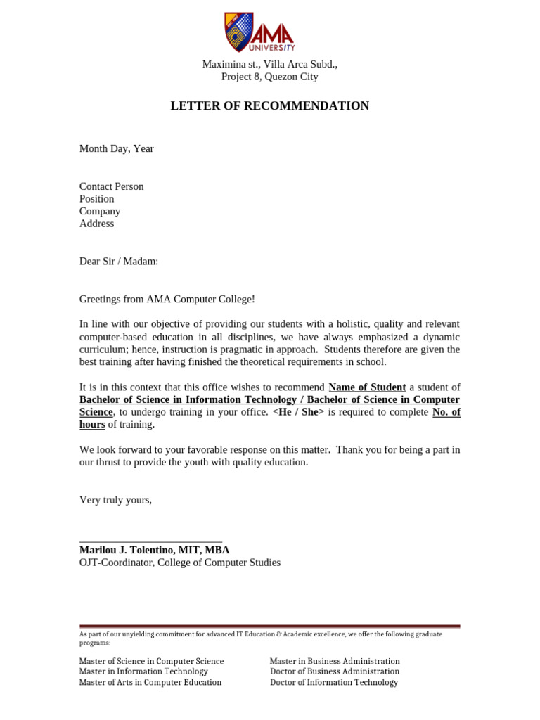Student Training Recommendation Letter | PDF
