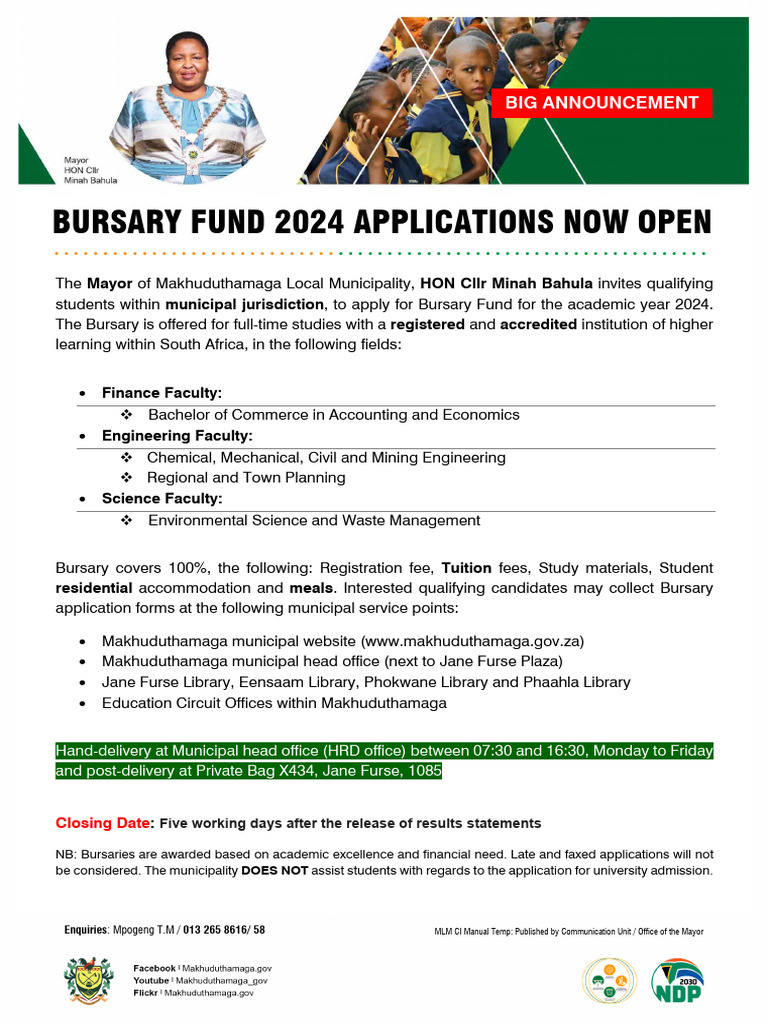 Makhuduthamaga Bursary Fund Advert and Application Form 2024 | PDF | Educational Stages