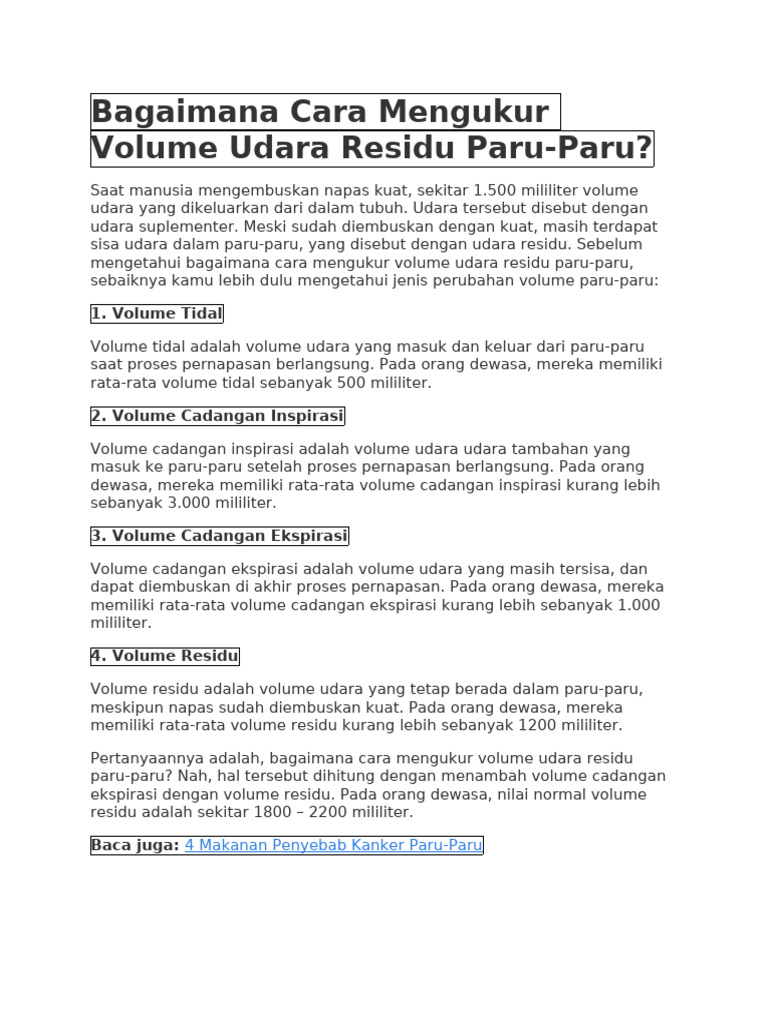 Bagaimana Cara Mengukur Volume Udara Residu Paru | PDF